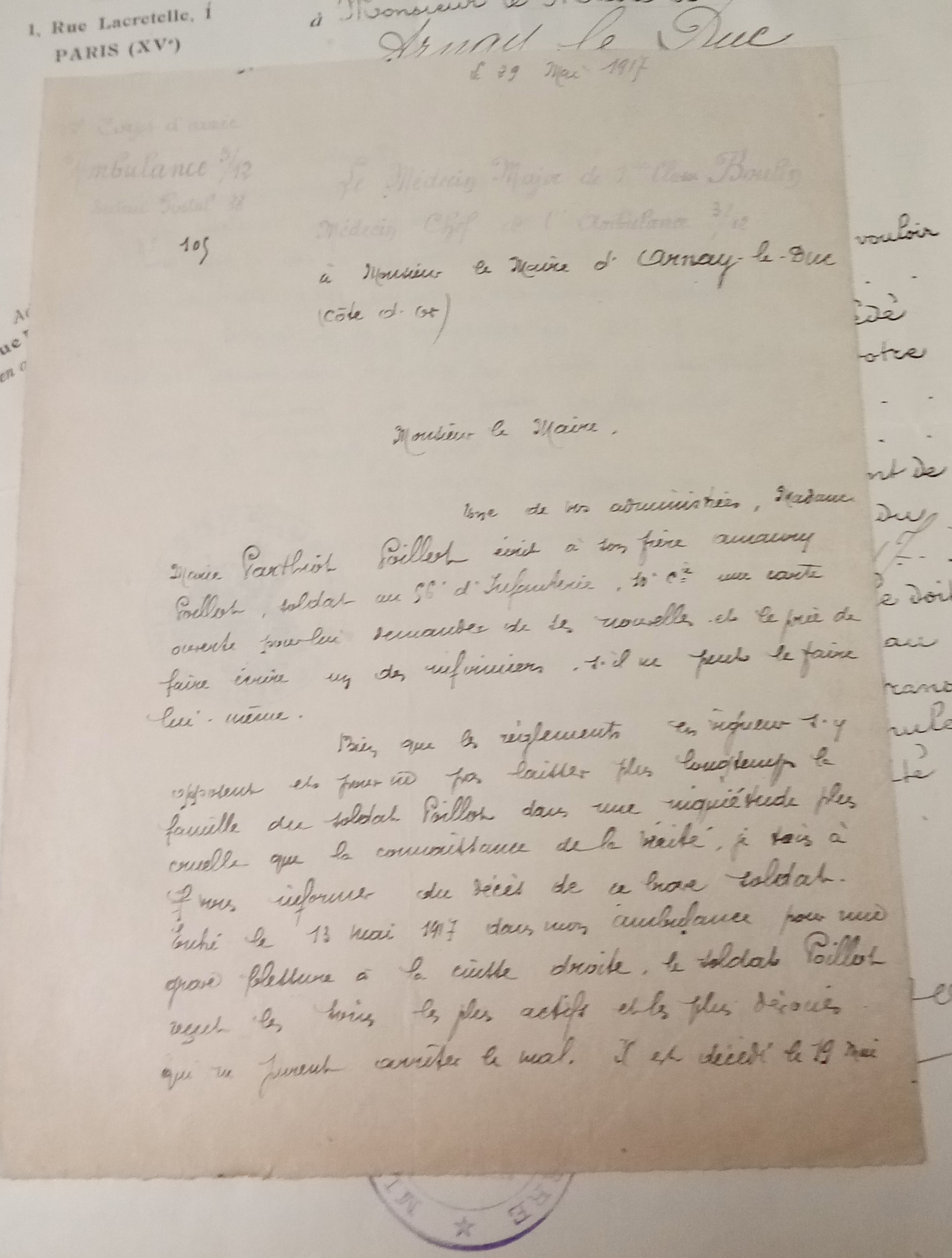 La lettre du médecin-major Boulin - Arnay-le-Duc 1914-1918
